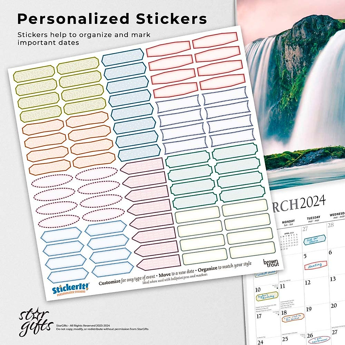 The Beauty of Waterfalls | 2024 12 x 24 Inch Monthly Square Wall Calendar | Sticker Sheet | StarGifts | Nature River Lake