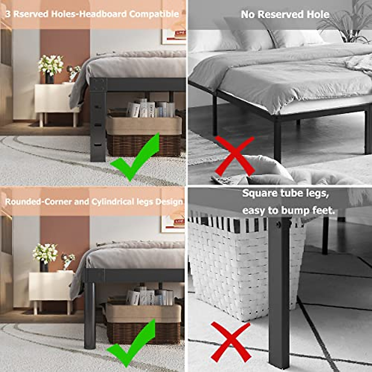 FDLOGW Queen Bed Frame, 16 Inch Queen-Size Bed Frames with Round-Corner Leg, Heavy Duty Steel Slat Mattress Foundation, Easy Assembly, Noise-Free, No Box Spring Needed