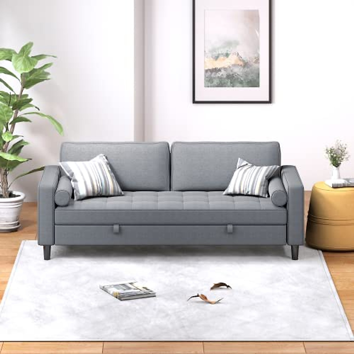 Mjkone 2 in1 Convertible Pull Out Sofa Bed, Modern Sleeper Sofa Bed with Spring Cushion, Futon Sofa Bed for Small Space, Pull Out Couch Bed Suitable for Apartment, Living Room,Light Grey