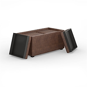 SIMPLIHOME Avalon 35 inch Wide Contemporary Rectangle 5 Pc Storage Ottoman in Distressed Chestnut Brown Vegan Faux Leather, Assembled, For the Living Room, Entryway and Family Room