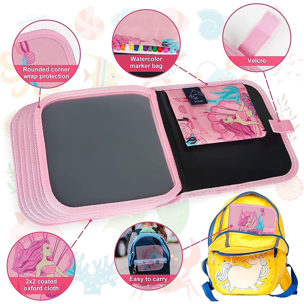 Qrytoi Erasable Book Doodle Set for Kids,Magic Drawing Book for Kids,Reusable Drawing Book 12 Watercolor Pens 14 Page Drawing,Road Trip Car Game Writing Painting Set for Boys and Girls (Mermaid)