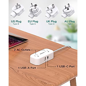 Addtam Universal Travel Adapter, Power Strip with International Plug Adapter, 2 AC Outlet and 2 USB Ports(1 USB-C PD 20W), Essentials for US EU UK AU White