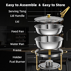 Amhier 5 Qt Chafing Dishes for Buffet with Glass Lid and Holder, Stainless Steel Chafing Dish Buffet Set with Food and Water Pans for Parties and Weddings, Gold, 3 Pack