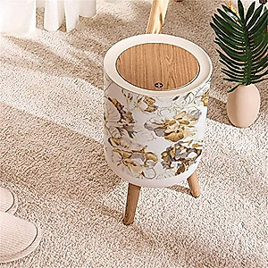 Small Trash Can with Lid Seamless with a Gold Hydrangea and Cherry Flowers Round Recycle Bin Press Top Dog Proof Wastebasket for Kitchen Bathroom Bedroom Office 7L/1.8 Gallon