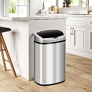 Kitchen Trash Can Stainless Steel Garbage Trash Can 13 Gallon / 50L Automatic Touch Free High-Capacity Garbage Can with Lid Home Bathroom Office Restroom Brushed Large Dustbin,Silver