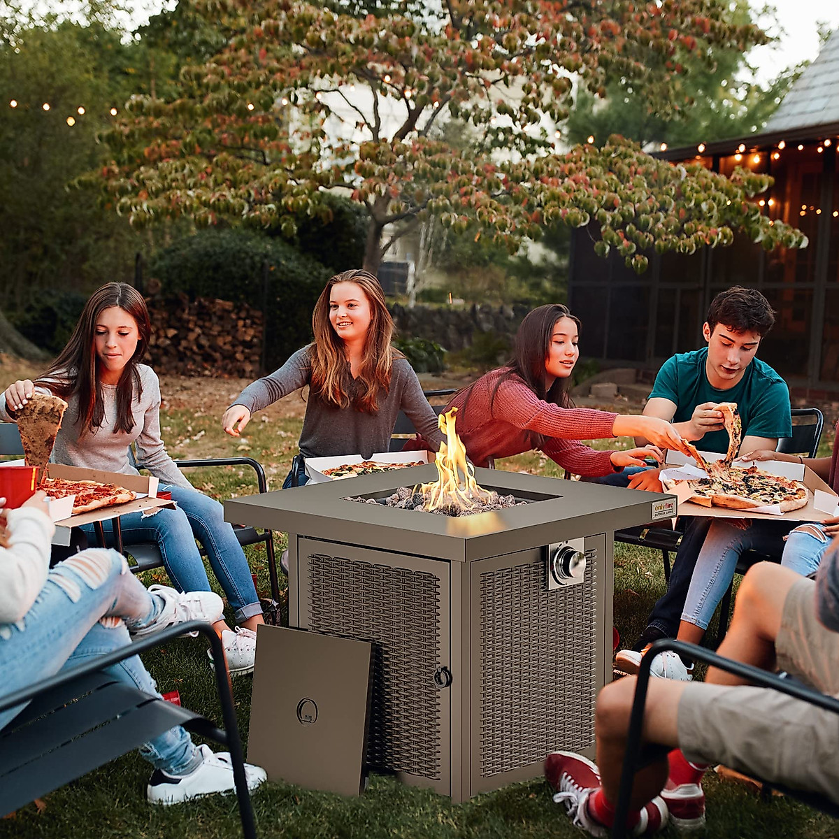 Propane Fire Table, Outdoor Fire Pit Table with Lid and Lava Rock, 28" Large Fireplace with Auto-Ignition 50000 BTU, Gas Fire Pits for Patio Garden Backyard, Brown