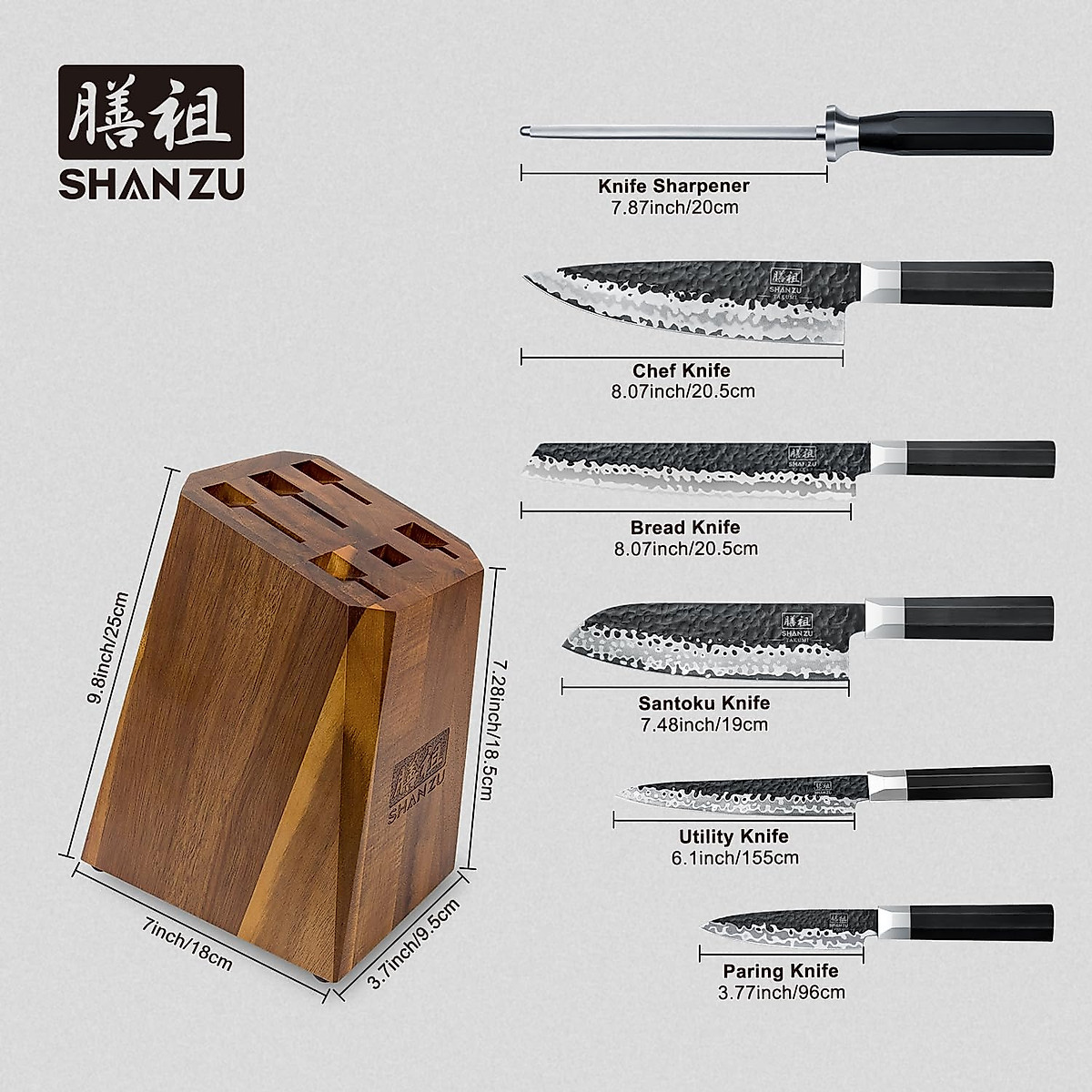 SHAN ZU 7-Piece Japanese Knife Set - 7 Layers 9Cr18MoV High Carbon Steel Kitchen Knife Set with Block and Sharpener,Ultra-Sharp Chef Knife Set with G10 Handle