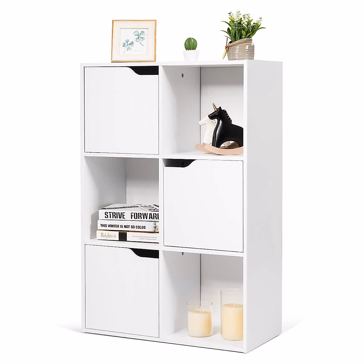 Giantex 6-Cube Storage Organizer, Storage Cabinet with 3 Open Cubes and 3 Cabinets, Free Standing Wooden Cubby Bookcase, Compartment Units for Home Office, 3-Tier Bookshelf for Books, Toys (White)