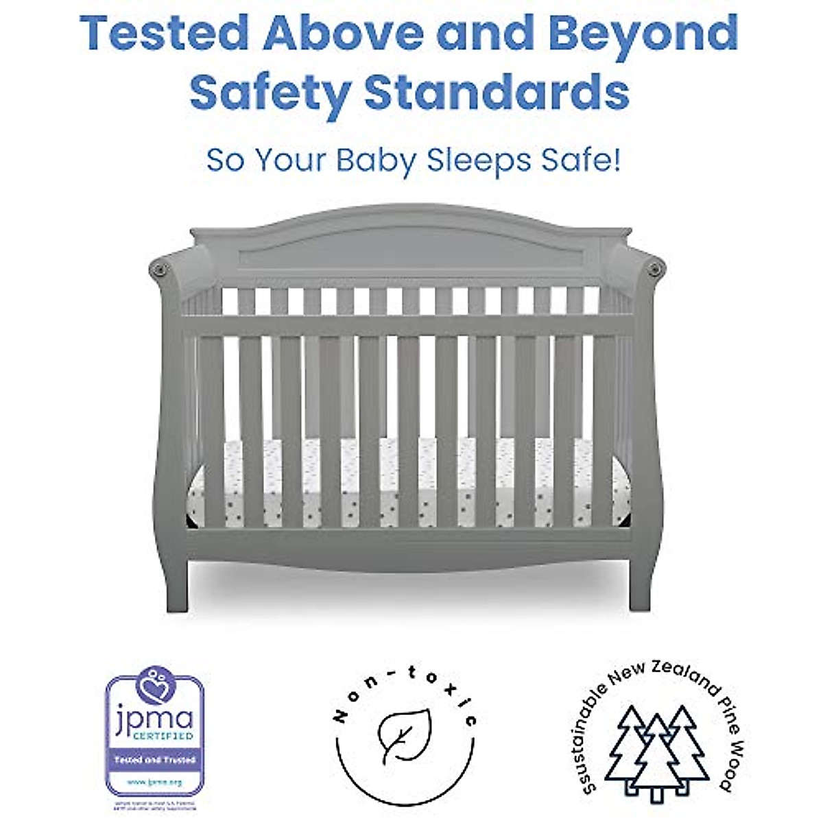 Delta Children Lancaster 4-in-1 Convertible Baby Crib & Twinkle Stars Waterproof Fiber Core Crib and Toddler Mattress, Grey