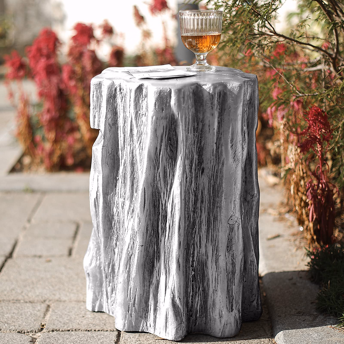 Tree Stump Trunk Side End Table, Faux Wood Patio Table, Garden Stool, Plant Stand, for Indoor Outdoor Courtyard Living Room, 14"X14"X20", Silver