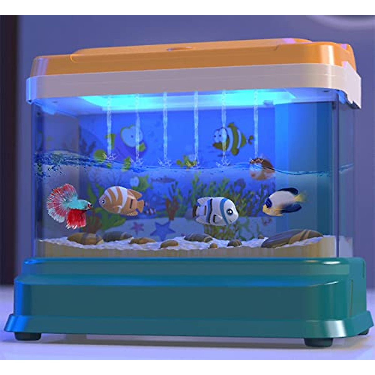 Mini Aquarium for Kids Fishing Toys Artificial Fish Tank with Moving Fish*4 with USB Light and Music Fishing Rod Fishing net