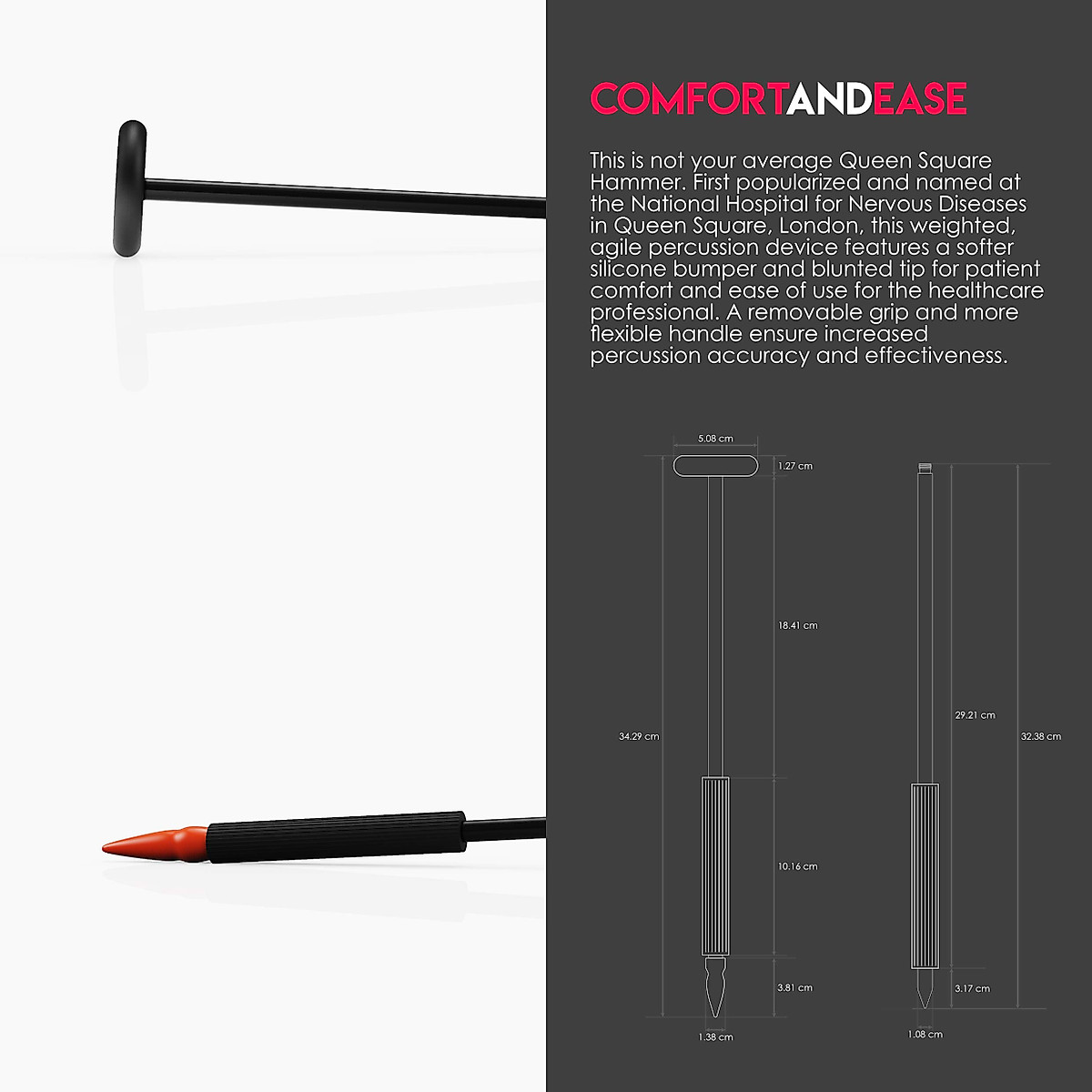 MDF Instruments, Queen Square Neurological Reflex Hammer with Pointed tip for Superficial responses - Free-Parts-for-Life & Lifetime Warranty - Black (MDF545-11)