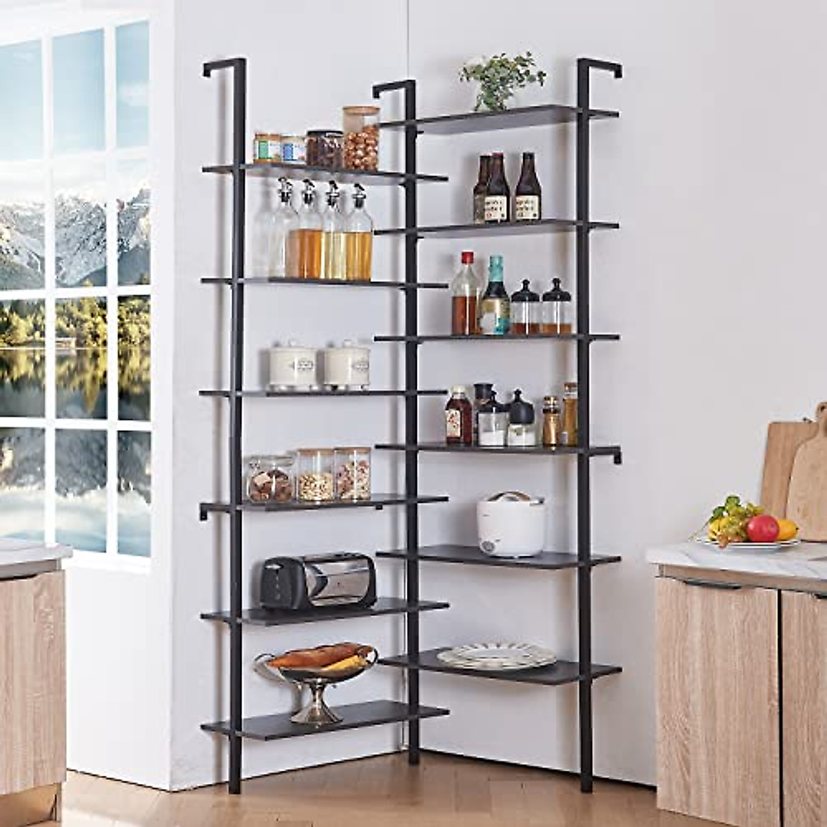 HOMISSUE Bookshelf,12-Tier L Shaped Bookshelf, Double Wide Corner Wall Mount Shelf with Metal Frame and Wood,Modern Industrial Corner Shelf for Living Room, Kitchen, Home Office Grey