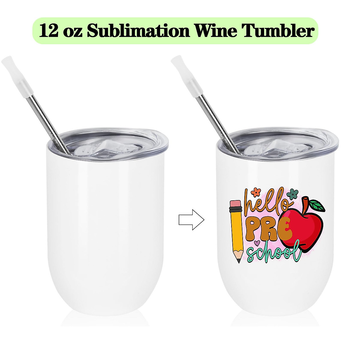 Draheri 12 Oz Sublimation Wine Tumblers Blanks Bulk, Stainless Steel Double Wall Insulated Sublimation Cups, Sublimation Mugs with Straw and Straw Brush, Individually Boxed (8 Pack)