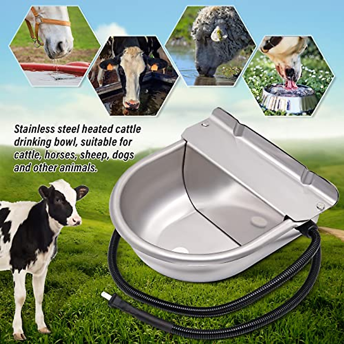 KHEARPSL Automatic Heated Water Bowl Heated Pet Dog Bowl Thermal-Bowl Livestock Water Trough Heated Waterer for Dog Cattle Horse Chicken Pig Goat (Flat Bottom)