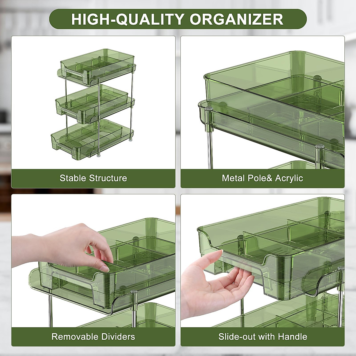 NPET 3 Tier Clear Green Organizer with Dividers for Bathroom, Sliding Cabinet Under Sink Organizer Kitchen, Pull Out Under Cabinet Organizer Storage Container for Pantry, Vanity, Medicine, Counter