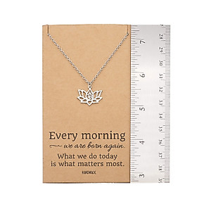 quan jewelry Yoga Lotus Flower Pendant Necklace with Om Symbol, Happy Birthday Gifts Ideas for Mom, Daughter, Women with Inspirational Quote on Gift Card (Silver Tone)