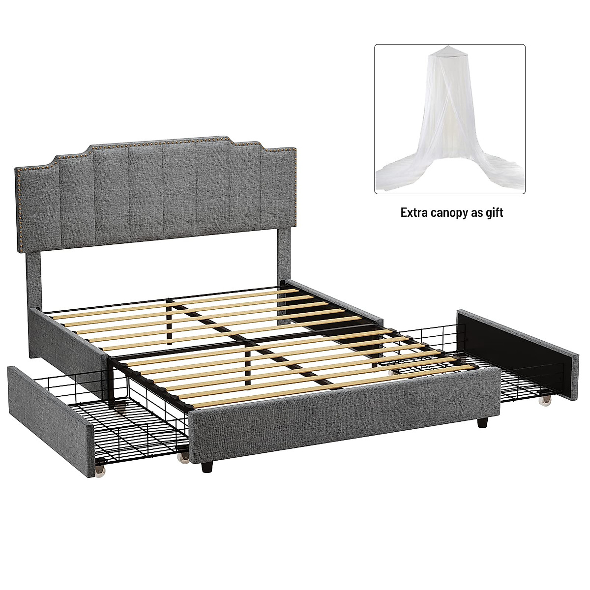MegaChunk Queen Size Upholstered Linen Platform Bed Frame with 2 Under-Bed Drawers, Padded Headboard with Rivets Design, Strong Bed Slats System, No Box Spring Needed, Grey