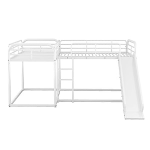 VilroCaz 4 Beds in 1 Design L-Shaped Bunk Bed Full and Twin Size with Slide for Kids Teens, Modern Metal Bunk Bed Frame with Safety Guardrail, Maximizes Space, Easy Assembly (White-M)