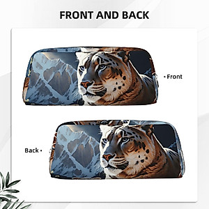 CSGJMYGS Pencil Case Leather Pencil Pouch Mountain Lions Pencil Bags Large Capacity Pencil Organizer with Zipper Portable Travel Makeup Bag Desktop Stationery Organizer for Women Men