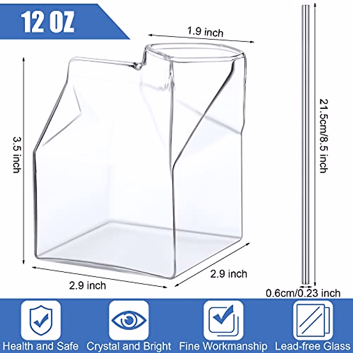 6 Pieces Clear Milk Carton Reusable Glass Container with 6 Stainless Steel Straws 12 oz Glass Milk Bottle Mini Creamer Pitcher Milk Carton Cup Hand Blown Box for Cocktail Juice Coffee Hot Water Coffee