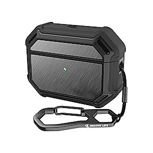Black/Gun Metal Aluminum Groove Case by Groove Life - Airpod Pro Compatible Case with Carabiner, Charging Light Visible, Wireless Charging Compatible, Total Protection with Lifetime Coverage