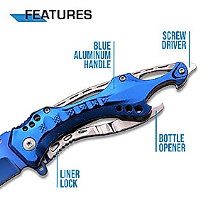 MTech USA – Spring Assisted Folding Knife – Blue TiNite Coated Fine Edge Stainless Steel Blade, Blue Aluminum Handle, Pocket Clip, Tactical, EDC, Self Defense- MT-A705SBL,Blue/Silver