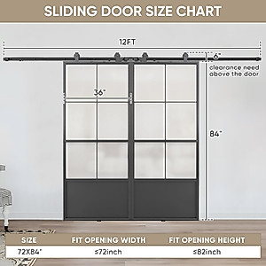 JUBEST Double Barn Door 72 x 84 in with 12FT Hardware Kit and Soft Close Mechanism, 2 Sets of 36x84 in Paneled Frosted Glass Carbon Steel Frame Barn Door,Pocket Interior Door, Easy Assembly