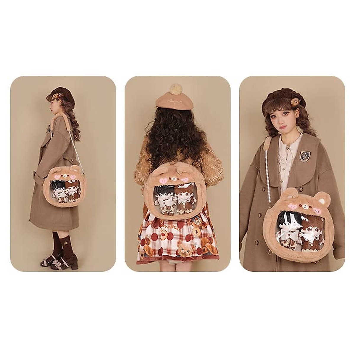 Kawaii Ita Bag Plush Crossbody Bag, Cute Animal Fuzzy Backpack Shoulder Bag Clear Window Lolita Bag Cosplay Itabag for Girls (Brown)