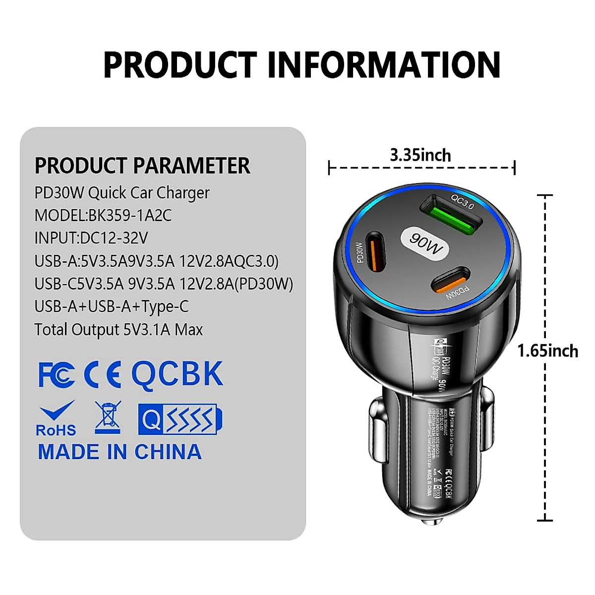 Car Fast Charger,90W Type C Car Charger Car Accessories, Car Accessories Cigarette Lighter USB Car Charger Compatible with iPhone 14/13/12/Mini/Pro/Pro Max (Black)