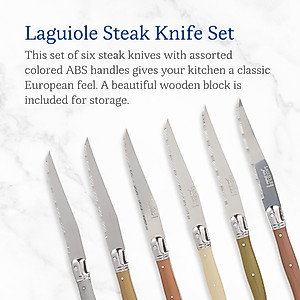 Jean Dubost Laguiole 6-Piece Steak Knife Set, Mineral Handles - 1.2 mm Blades - Rust-Resistant Stainless Steel - Includes Wooden Block - Made in France