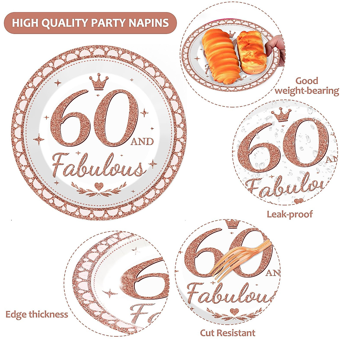 Wiooffen 60th Birthday Decorations for Woman 60th Birthday Paper Plates Napkins Cheers to 60 years Plates 60th Birthday Party Supplies for Women Rose Gold 60th Birthday Decorations Pink Party Supplies