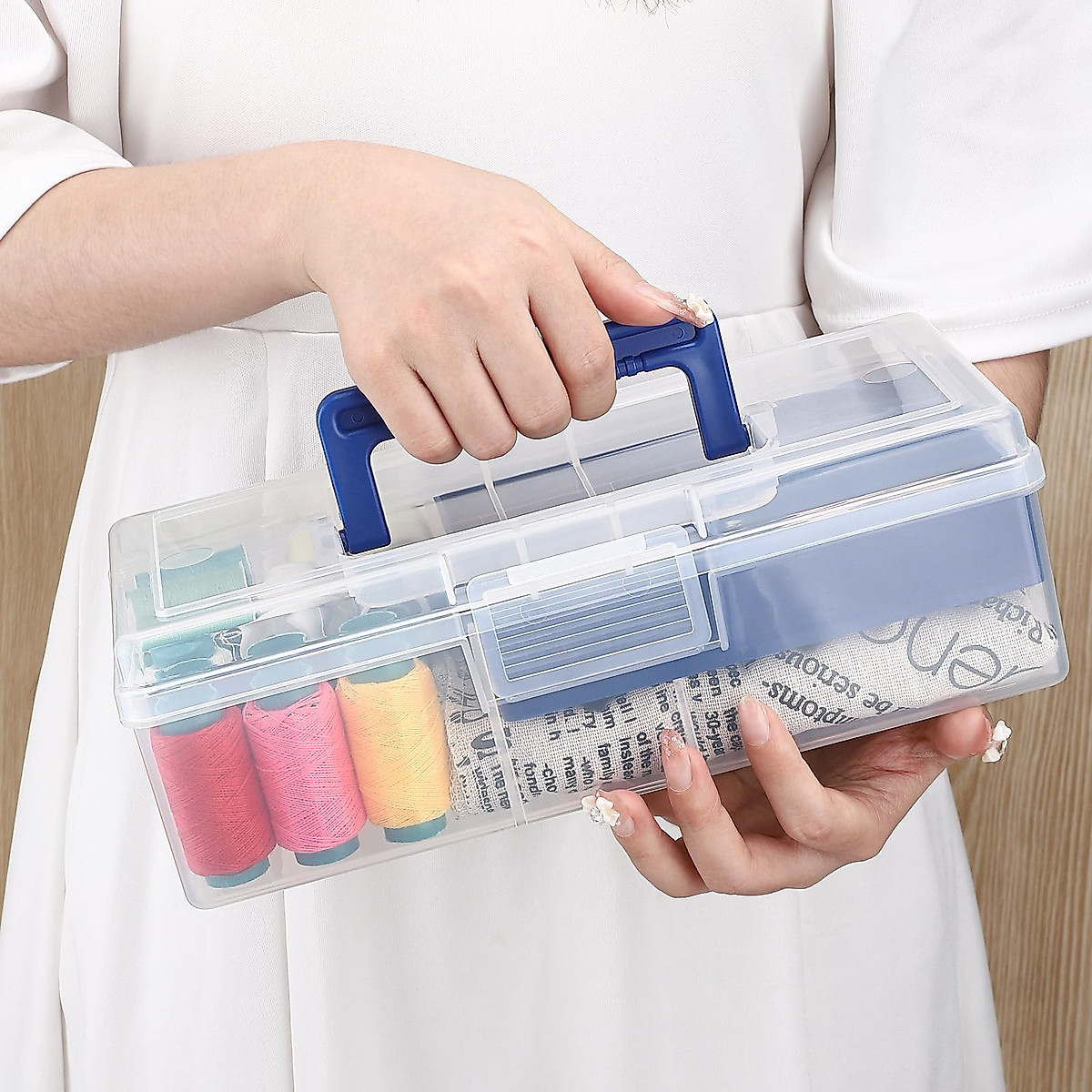 2 Layer Plastic Dividing Storage Box with Removable Tray, Portable Stationery Storage Container with Handle, Multipurpose Sewing Box, Art Craft Supply Organizer for Crayon Cosmetic Tackle Medicine