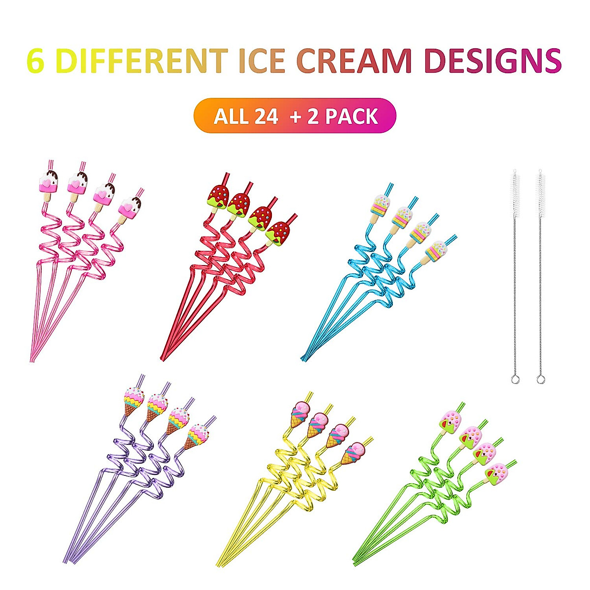 24 Reusable Ice Cream Straws for Birthday Party Supplies | Party Favors with 2 Cleaning Brush