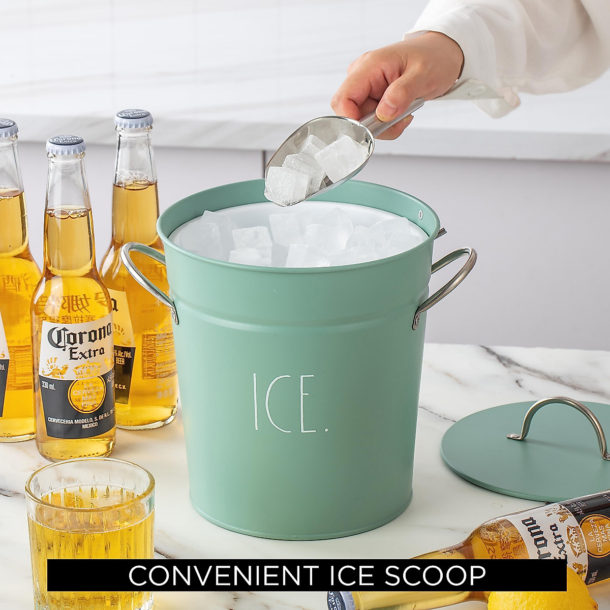 Rae Dunn Ice Bucket with Scoop - Stainless Steel Bucket with Handle, Lid and Ice Scooper - 4 Qt. Storage Bin for Ice Cubes for Bars, Parties, Backyard Barbeques, Picnics, and Camping (Sage)