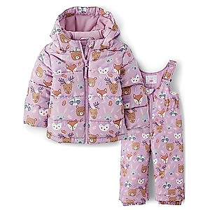 The Children's Place,and Toddler Girl 2 Piece Set Snowsuit, Jacket and Bib Overall Pant,LILAC DUST | Woodland Critters_Lilac Dust,18-24 Monts