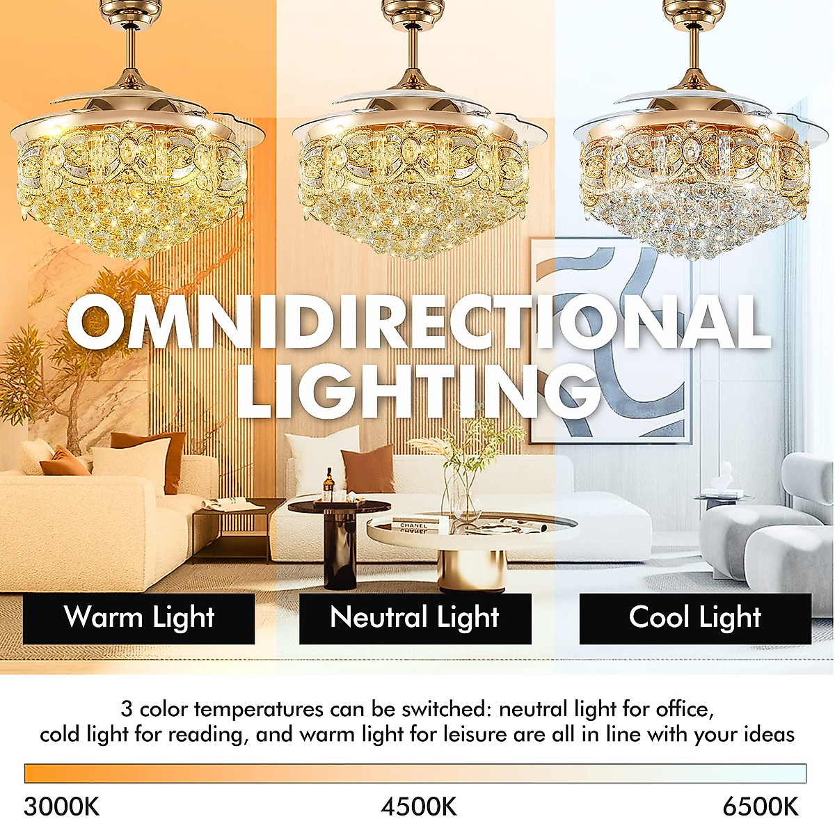 KPIBEST 42 Inch Crystal Ceiling Fan with Lights and Remote Control 3 Speed, Modern Luxury Retractable Chandelier Ceiling Fan with 3 Lights Level Silent Fans Fit for Living/Dining Room Bedroom