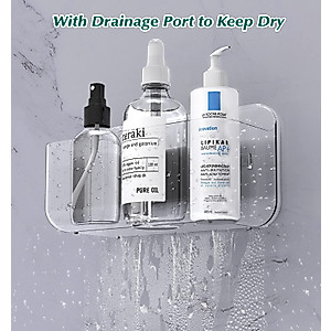 JNDETOP Shower Shelves, 5 Pack Adhesive Clear Acrylic Bathroom Shower Organizer Caddy, Transparent No Drilling Wall Mount Shower Storage with Soap Holder and Hooks