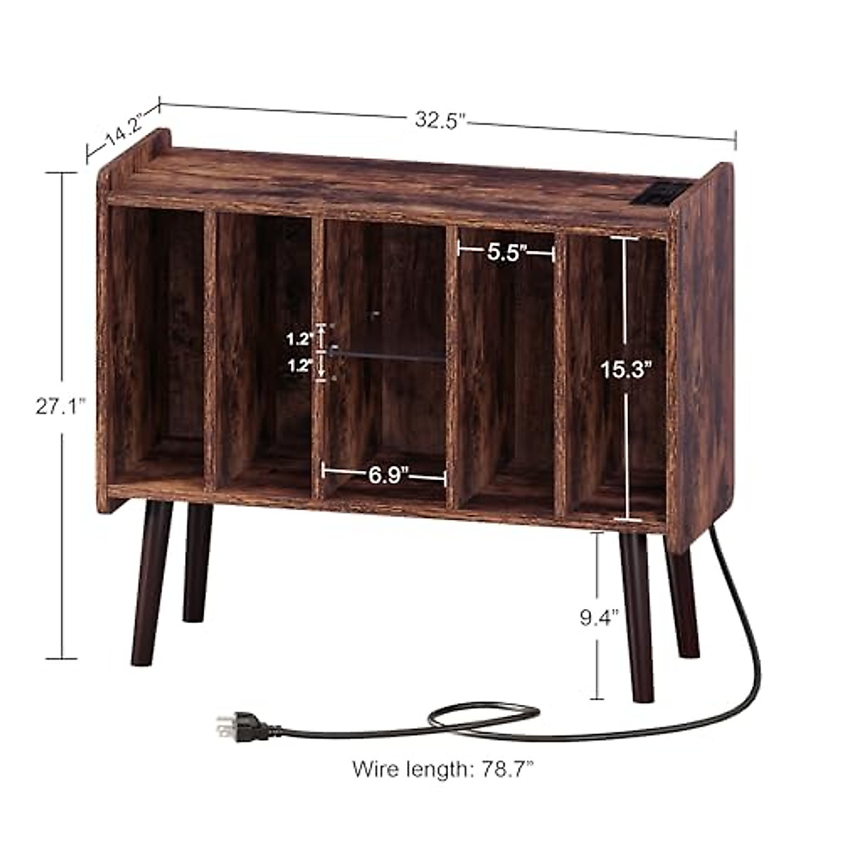 Tantmis LED Record Player Stand, Turntable Stand with Vinyl Record Storage, Mid Century Modern Record Player Table, Rustic Brown Record Player Cabinet with Power Outlet for Living Room, Bedroom