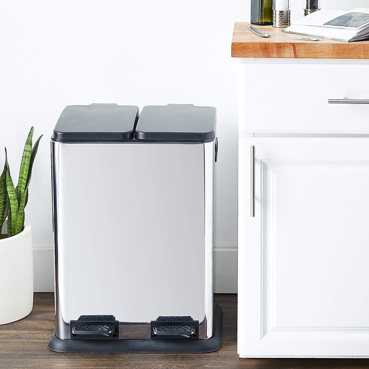 Organize It All Dual Compartment Step on Recycling Trash Can-Stainless Steel, 10-14 Gallons, Black