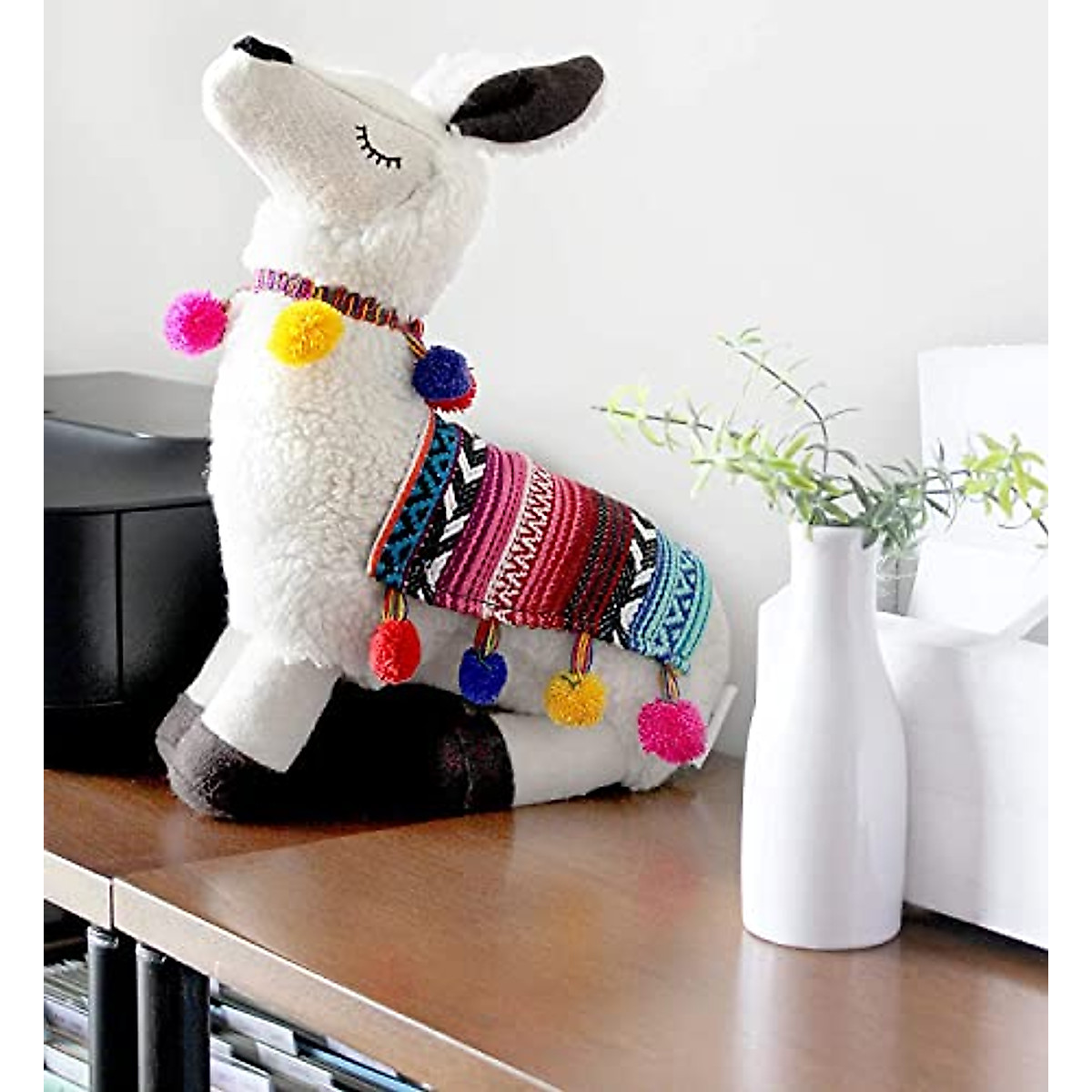 Decorae Plush Llama with Blanket and Pom-Poms, Stuffed Llama Shaped Decorative Pillow