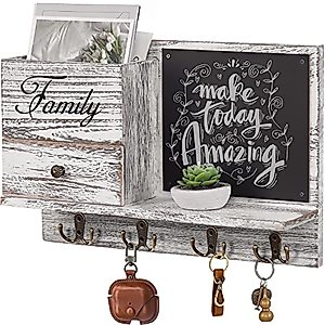BEWISHOME Key Holder for Wall Decorative Mail Organizer Wall Mount with 4 Double Key Hooks, Wood Mail Holder with Shelf, Drawer, Chalk, Rustic Farmhouse Wall Shelf with Hooks, White, YYJ01W