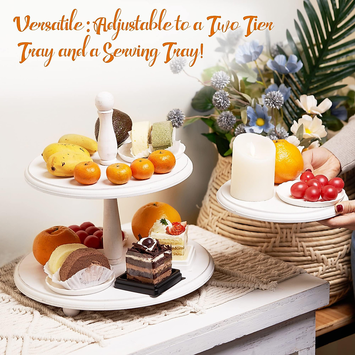 Defined Deco Wooden Decorative Tray Two Tiered Tray, White Tiered Tray, Cupcake Stand, Serving Tray Stand with 3 Pcs Signs Decor for Kitchen Island Decor, Home Decor and Holloween Farmhouse Décor