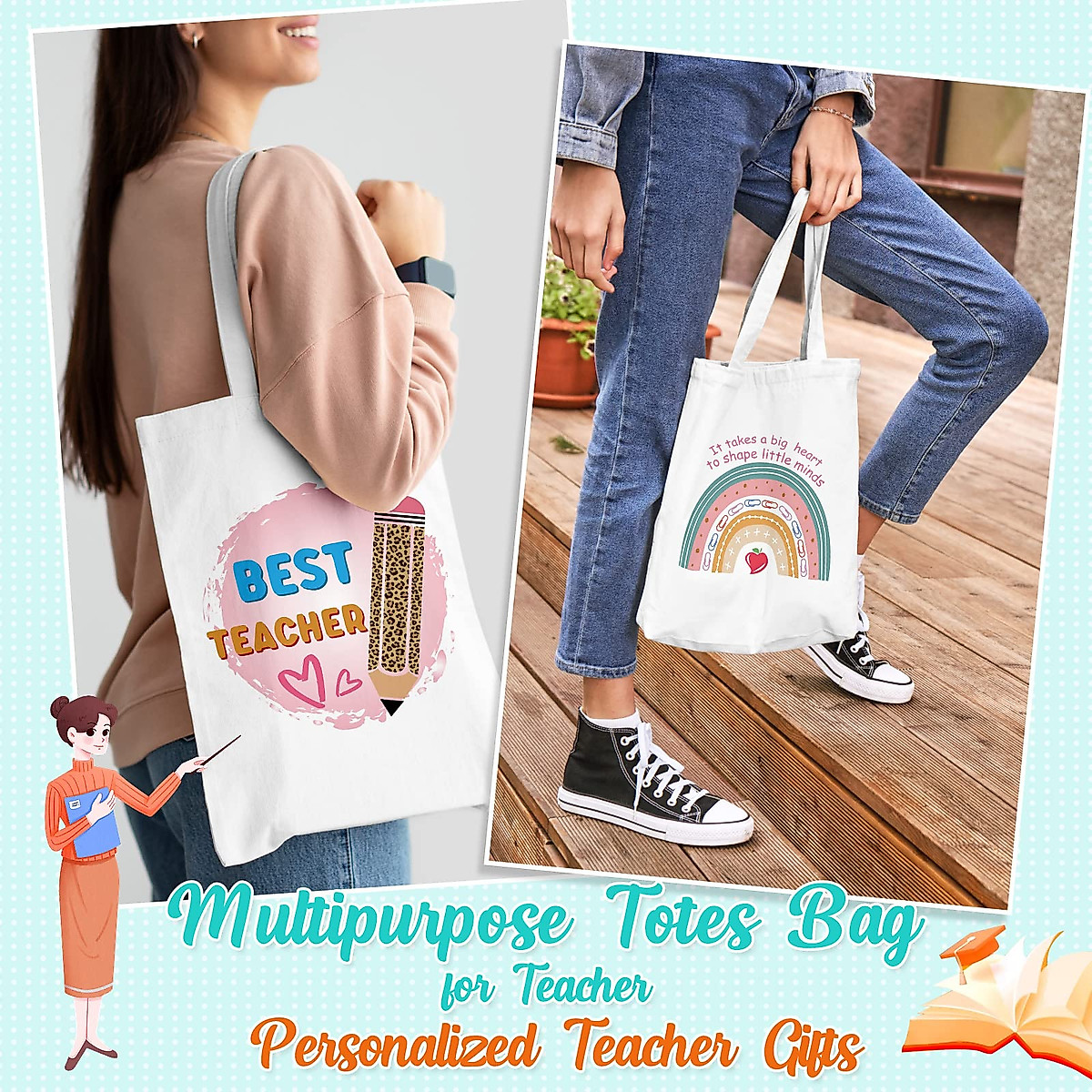 Amylove 8 Pcs Teacher Appreciation Gifts Canvas Tote Bags Bulk Thank You Teacher Bag Rainbow Inspirational Handbag(Classic)