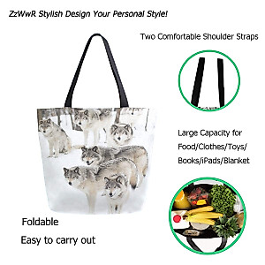 ZzWwR 3D Winter Forest Wolves Print Extra Large Canvas Shoulder Tote Top Storage Handle Bag for Gym Beach Weekender Travel Shopping