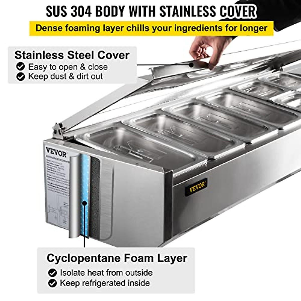 VEVOR 40Qt Sandwich Table 150W Stainless Salad Bar Refrigerated Condiment Prep Station, 60in, Silver