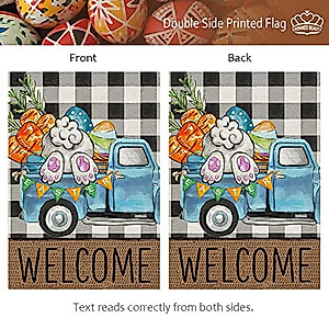 CROWNED BEAUTY Easter Truck Garden Flag Buffalo Plaid 12x18 Inch Double Sided for Outside Bunny Tail Burlap Small Welcome Yard Holiday Decoration CF707-12
