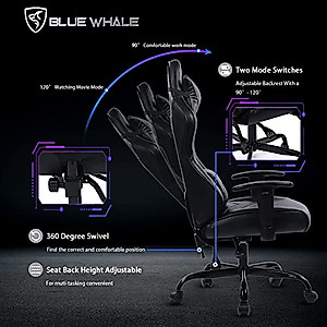 Blue Whale Massage Gaming Chair Desk Office Chair Ergonomic High Back Racing Computer Chair with Headrest and Lumbar Support Backrest, Seat Height Adjustable Swivel Chair(Black)