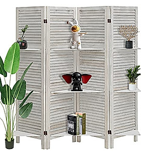 Babion Room Divider with Shelves, 5.6FT White Room Dividers 4 Panel, Wood Room Dividers and Folding Privacy Screens, Portable Room Divider Screen, Room Dividers Wall for Home Office,Bedroom