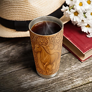 20oz Wooden Flower Horse Tumbler, Country, Equestrian Gifts for Horse Lovers, Coffee Thermos for Women, Men, Stainless Steel Double Wall Vacuum Insulated Coffee Mug, Travel Cup with Lid